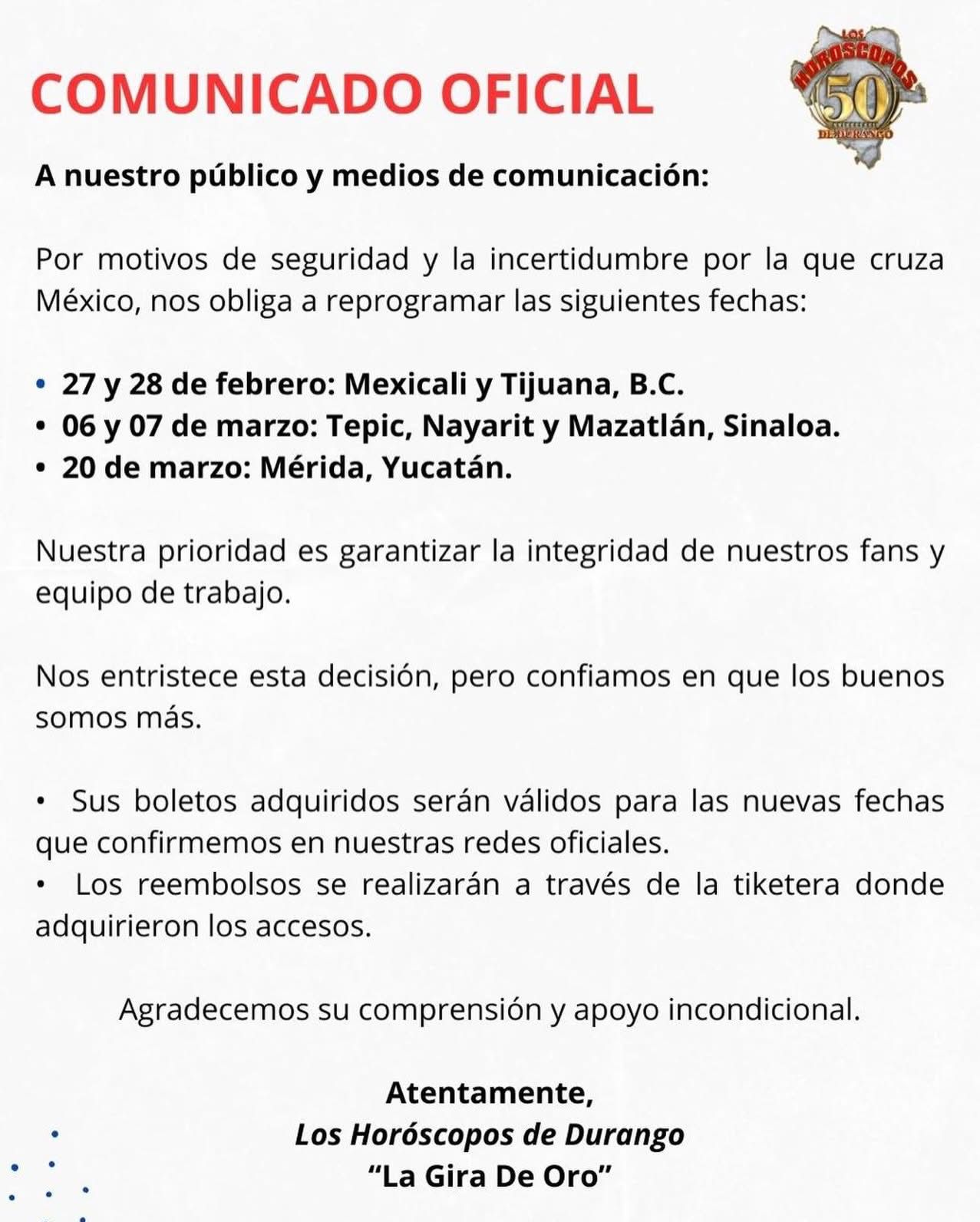POSPUESTO Los Horóscopos de Durango en Mexicali 2026: concierto en el ...